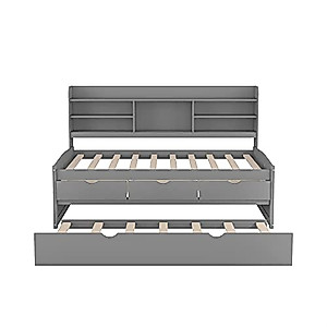 Merax Twin Size Wooden Captain Bed with Built-in Bookshelves, Three Storage Drawers and Trundle, Light Grey