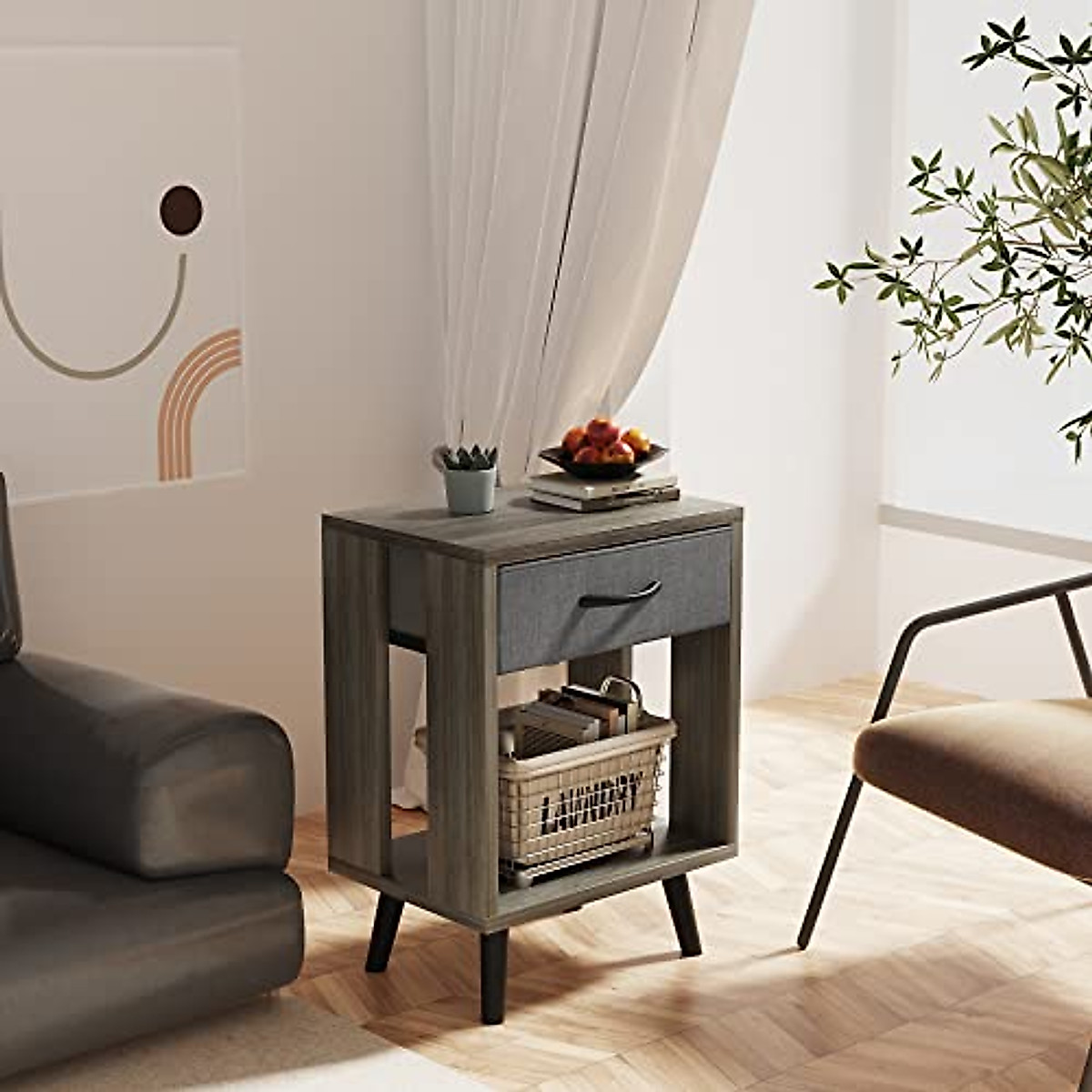GYIIYUO Nightstand Set of 2 with Fabric Drawers and Open Shelves - Gray Bedroom Side Tables