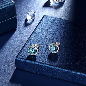 beautlace March Birthstone Necklaces/Stud Earrings Set Silver Plated Round Shape Jewelry Sets Blue Birthstone Jewelry Birthday Gifts for Men and Women KS0017M