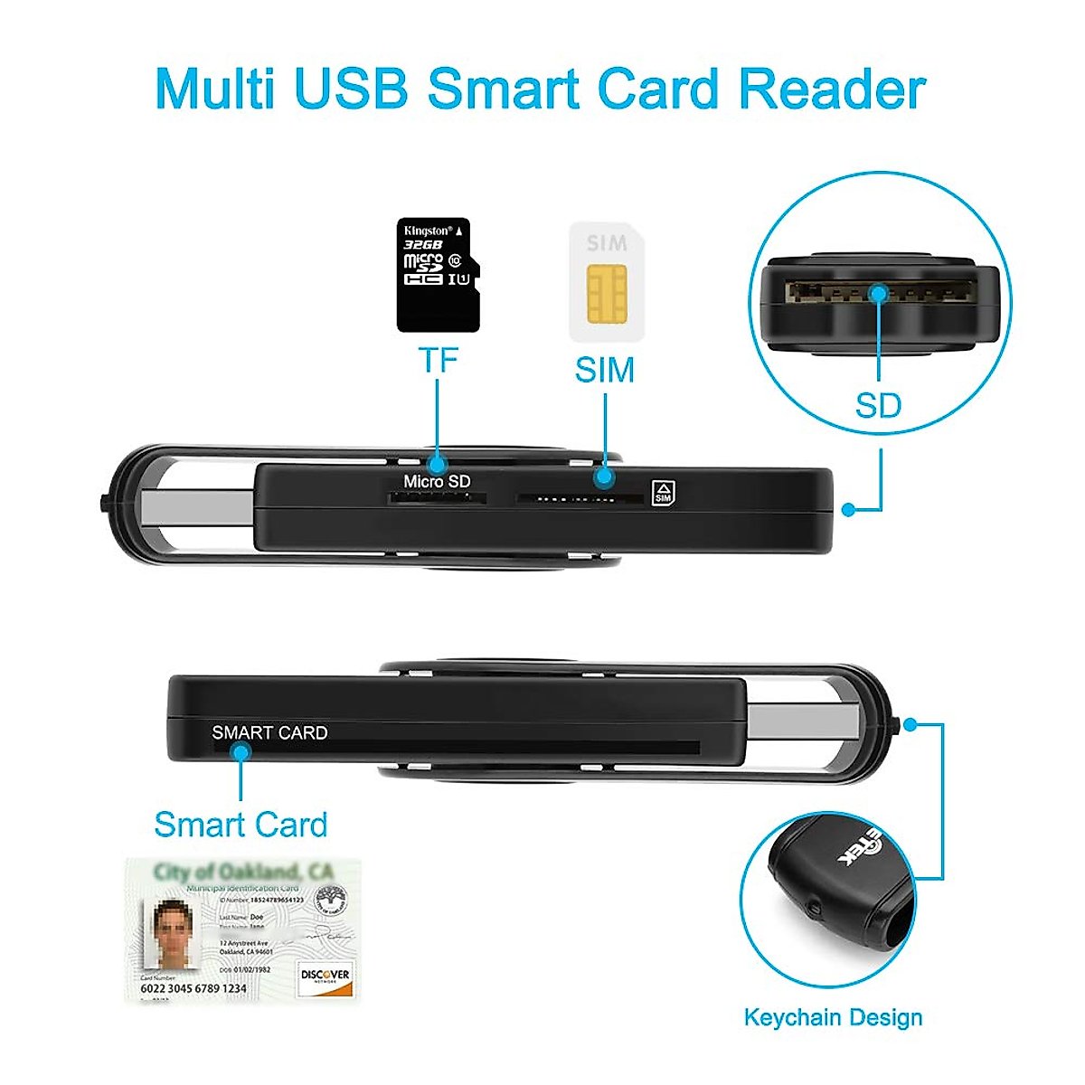USB Smart Card Reader, Rocketek DOD Military USB Cac Memory Card Reader Compatible with Windows, Linux/Unix, MacOS X - Build In SDHC/SDXC/SD Card Reader and Micro SD Card Reader