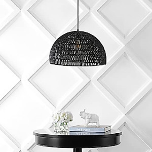 JONATHAN Y JYL6504C Campana 20" 1-Light Bohemian Modern Woven Rattan/Iron LED Pendant Farmhouse Coastal Adjustable Dining Room Living Room Kitchen Island Foyer Bedroom Hallway, Black