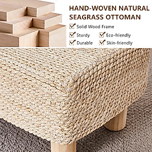 Cpintltr Foot Stool Ottoman Rectangular Footrest Pouf Ottomans Natural Seagrass Footstool with Wooden Legs Hand Weave Step Stool for Living Room Bedroom Entryway Natural White