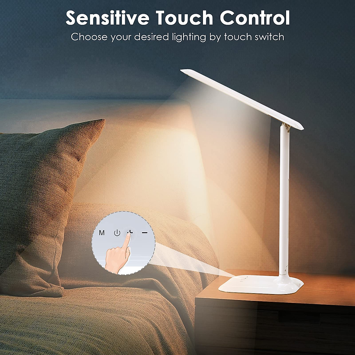 RensanR LED Desk Lamp, Desk Light with USB Charging Port, 3 Color Modes, 5 Brightness Level, Dimmable Table Lamp Reading Lamp, Sensitive Control,Eye-Caring Office Lamp