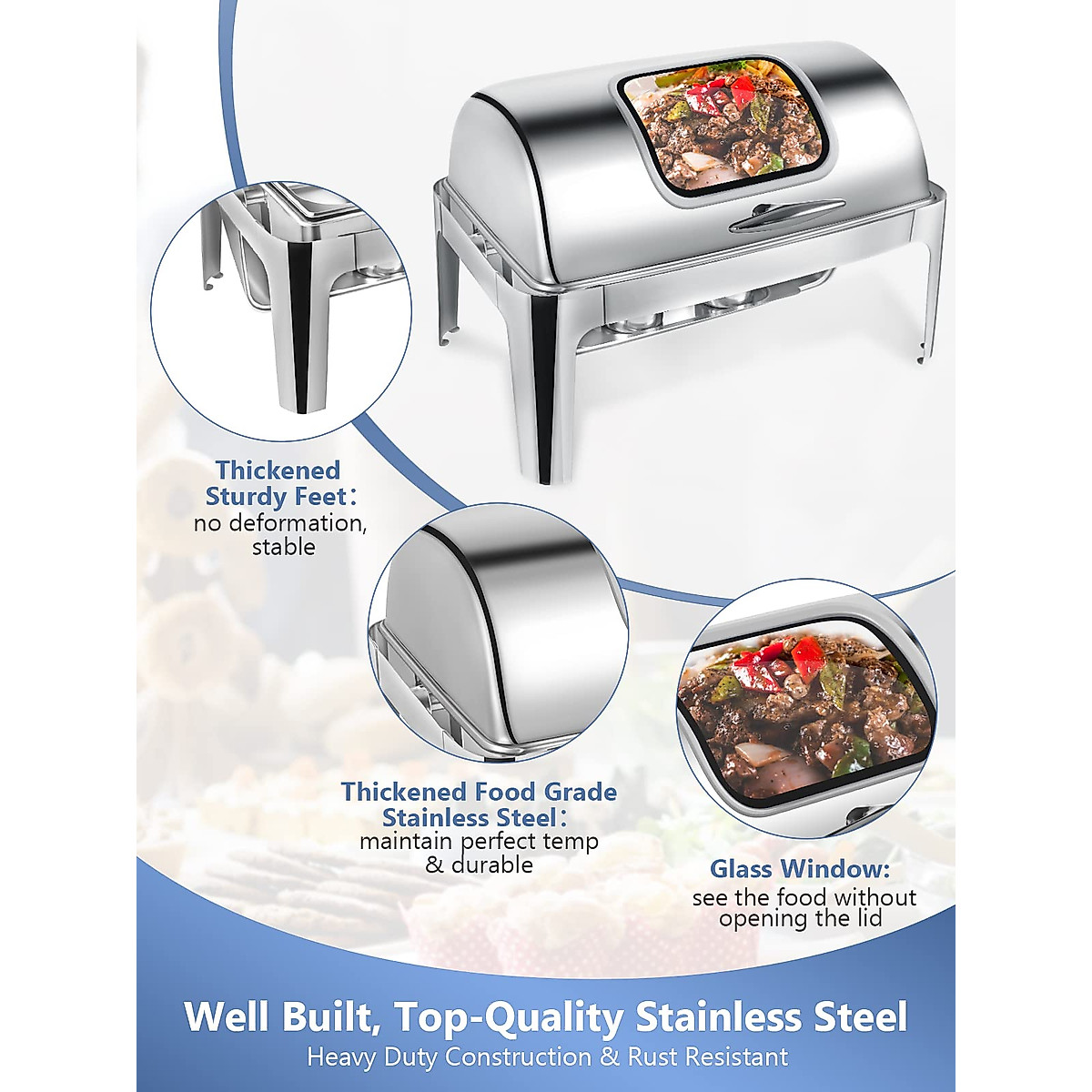 Granvell Rectangular Roll Top Chafing Dish Buffet Set, Catering Food Warmer for Parties, Wedding, Birthday, Christmas, 1 Full Size & 2 Half-Size Chafing Server Dish, 14QT Water Pan