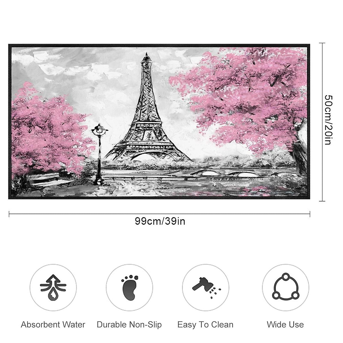 TsyTma Oil Painting Paris Eiffel Tower Kitchen Rug Non-Slip Decor Absorbent White and Pink Modern Art Kitchen Floor Mat Bathroom Rug Waterproof Runner Rug 39"x20"