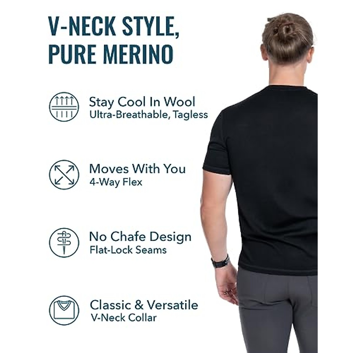 Woolly Clothing Men's Merino Wool V-Neck Tee Shirt - Everyday Weight - Wicking Breathable Anti-Odor - Deep Sea Blue - L