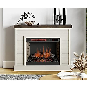 Bridgevine Home Electric Fireplace Mantel with Accent Wood Shelf and Surround, Realistic Logs and Flame Effect, Fireplace TV Stand, Adjustable LED Electric Heater with Remote Control, 48 Inch, White