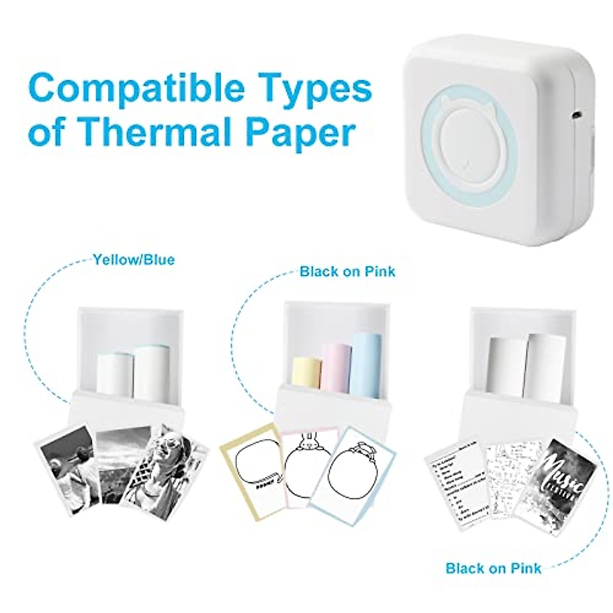 Mini Printer Portable, Pocket Thermal Printer with 7 Rolls Paper, Bluetooth Wireless Instant Photo Printer Compatible with iOS Android for Picture Receipt Label Note QR Code Inkless Printing