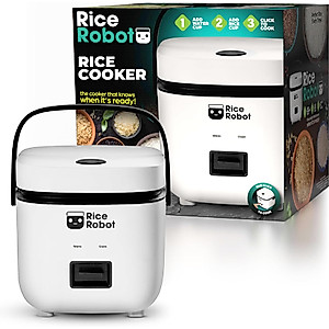 Rice Robot Personal Rice Cooker, PFAS-free, Nonstick. 1 Quart Capacity, with Stainless Steel Steamer Tray, Measuring Cups, Recipe Book with 60 Recipes, and Serving Spoon, As Seen On TV