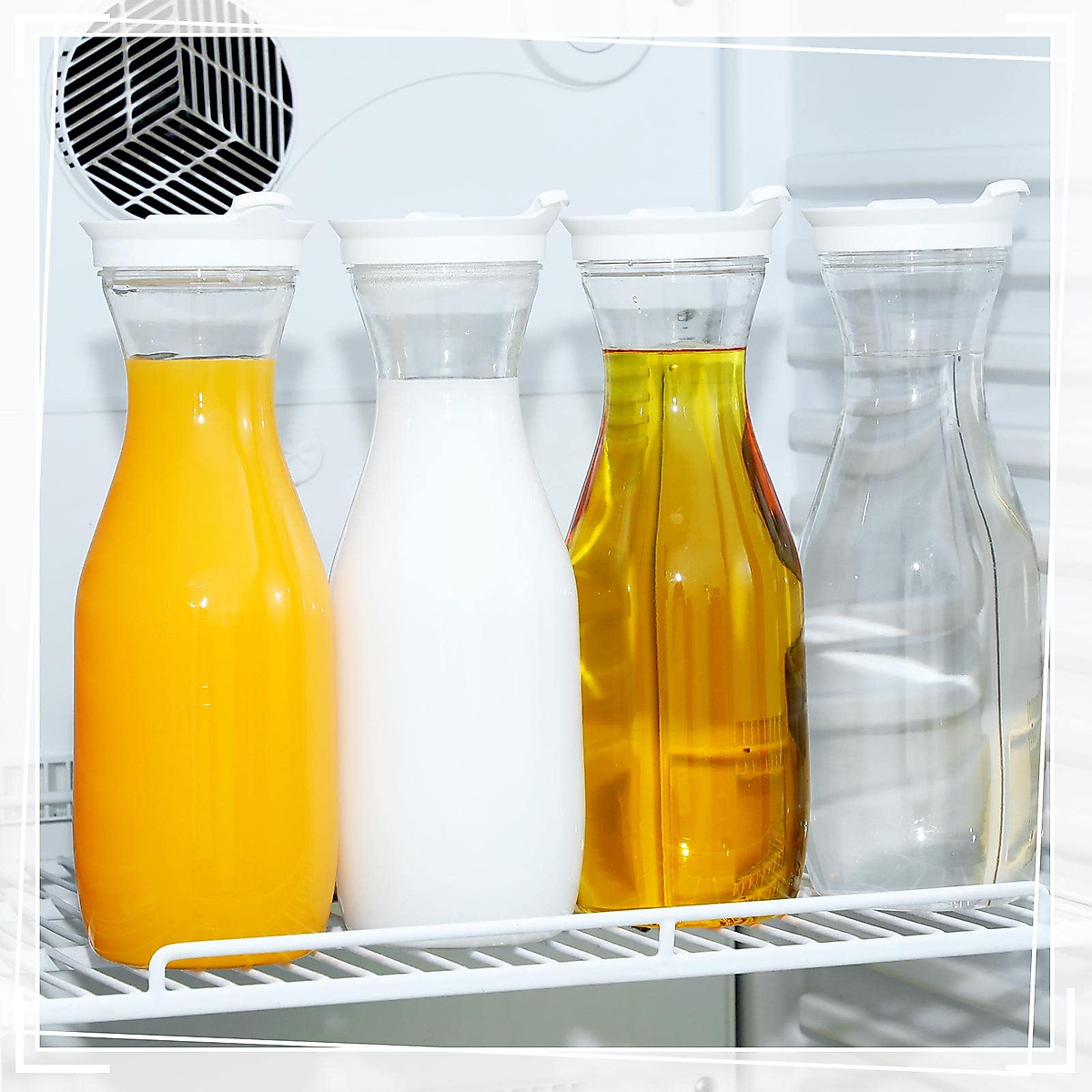 Gejoy 24 Pcs Plastic Carafe with Lids Plastic Juice Pitcher Carafes Clear Plastic Water Beverage Pitchers Smoothie Drink Containers for Bar Mimosa Milk Iced Tea Restaurants Schools Fridge Party, 32 oz