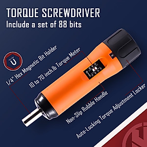 KNINE OUTDOORS Precision 1/4" Torque Screwdriver Set Adjustable from 10 to 70 In-Lbs Engineering Repair Kit Maintenance Tools with T-BAR Ratchet Screwdriver, Set of 92 pieces