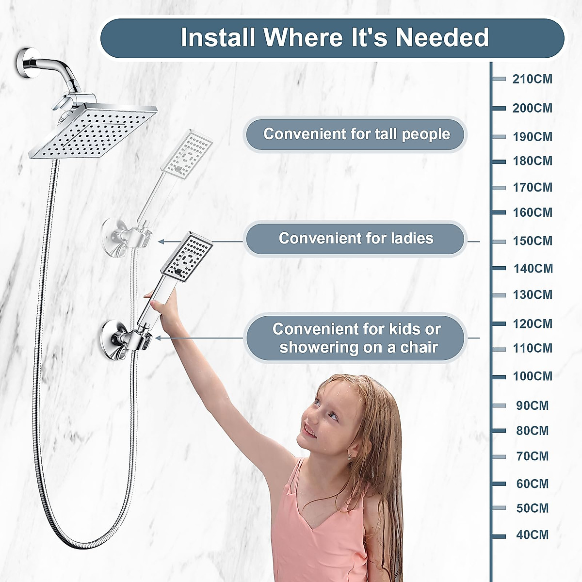 BRIGHT SHOWERS Rain Shower Head with Handheld Spray, 8 Inch High Pressure Rainfall Shower Head Combo with 60” Hose, Adjustable Dual Square Showerhead with 3-Way Diverter, Wall Bracket, Chrome
