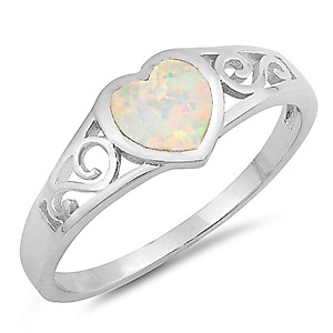 White Simulated Opal Filigree Heart Promise Ring .925 Sterling Silver Band Size 5