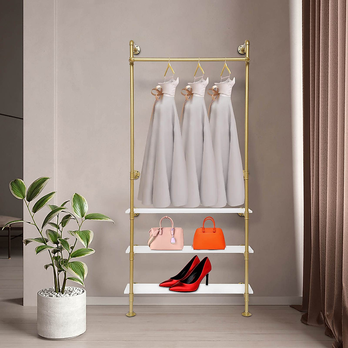 HYYKJ-US 3 Layer Shelves Wall Mounted Clothes Rail Shelf Multifunctional Garment Rack Towel Rack Vintage Clothes Rack Clothing Organizer for Retail Entryway Bedroom Balcony Indoor Use Home Decor Gold