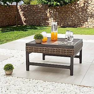 LOKATSE HOME Outdoor Patio Dining Square Bistro Coffee Side Slatted Metal Steel Wicker Frame Aluminum Plastic Plate Furniture End Table for Garden Lawn Poolside, Grey