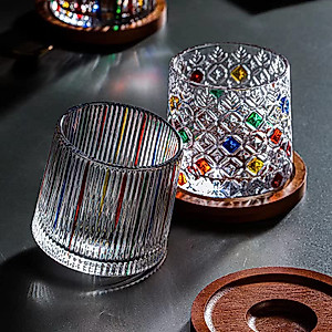 Jarler Wine Glass Crystal Whiskey Glasses Spinning Rocks Glasses with Rotatable Coaster, 9.2 Oz Hand Painted Colorful Old Fashioned Glass, Bar Tequila Glasses (Stripes, 1)