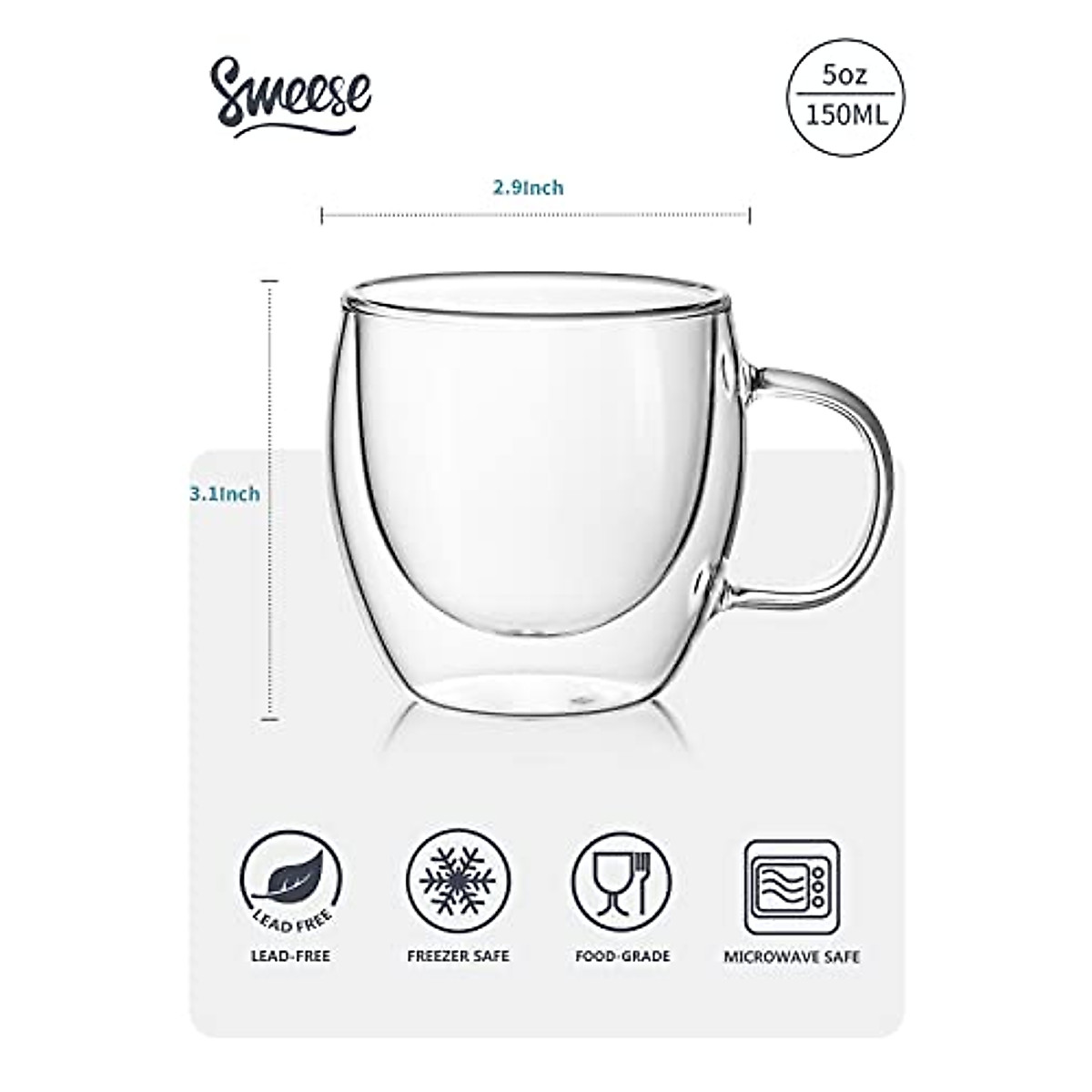 Sweese Espresso Cups, Double Wall Insulated Glass Coffee Mugs, 5 Ounce, Set of 2, Perfect for Espresso Shot, Tea and Juice