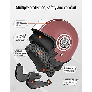 Cool Girl Open Face Motorcycle Helmet, Men Women Retro Electric Motorbike Half Helmet with Long Sun Visor, DOT Approved Vespa Scooter Adults 3/4 Sunscreen Breathable Four Seasons Helmet -M-54-64CM