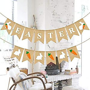 Burlap Easter Banner Easter Bunny Banner Easter Decorations Burlap Bunting Photo Props for Spring Themed Party Favors Supplies, Happy Easter Day Home Decor for Mantle Fireplace