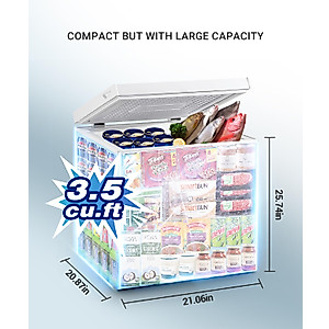 Mini Chest Freezer 3.5 Cu.Ft, Small Top Door Deep Freezer with 7 Adjustable Temperature, Removable Basket, Low Noise for Home, Apartment, Open Garage, Kitchen White