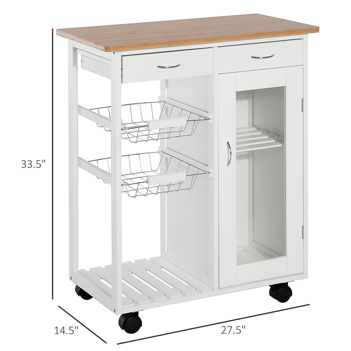 HOMCOM 28" Rolling Kitchen Island with Storage, Kitchen Cart with Solid Bamboo Top, Wire Basket,Door Cabinet and Drawers, White
