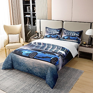 Erosebridal Kids Race Car 100% Cotton Duvet Cover Set Twin Size, Sports Car Comforter Cover Extreme Sport Theme Bedding Set, Modern Home Room Decorative Bedding Set with 1 Pillow Sham, 2 Pcs