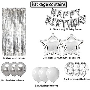 Silver Birthday Decorations,Silver Metallic Confetti Latex Balloons,Silver Happy Birthday Balloons Banner with 2Pcs Large Silver Star Foil Balloons,Silver Fringe Curtains Photo Booth Props