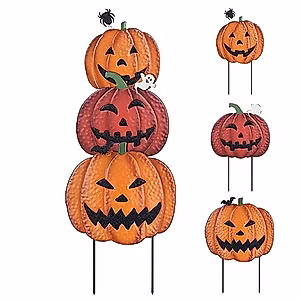hogardeck Halloween Decorations for Home Outdoor, 34" Decorative Garden Stakes with 3 Pumpkins Halloween Decor, Jack O Lantern Metal Yard Signs for Garden Lawn Patio Halloween Party Decorations
