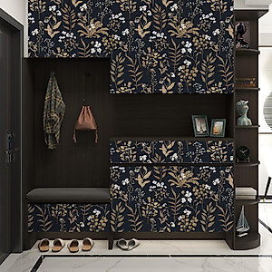 Abyssaly Black and Gold Peel and Stick Wallpaper Vintage, 17.7" x 118" Dark Floral Wallpaper Glod Leaf with White Flower Contact Paper for Wall Furniture Cabinet, Vinyl Self Adhesive Wall Paper