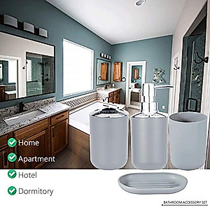 Bathroom Accessory Set 4 Pcs Plastic Bathroom Decor Toothbrush Holder Toothbrush Cup Soap Dispenser Soap Dish Farmhouse Decor Bathroom Home Decor Craft (Grey)