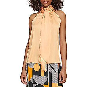 Karl Lagerfeld Paris Women's Halter Front Tie Sleeveless Blouse, Apricot, Large
