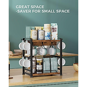 OROPY Coffee Bar Organizer with 14 Mug Hooks, Wood Coffee Mug Holder Stand for Countertop, 2 Tier Coffee Station Organizer for Coffee Cups, Mugs, Syrups, Accessories