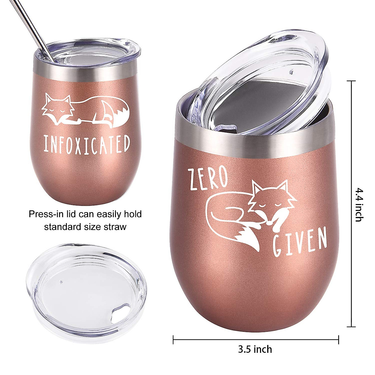 GINGPROUS The Fox Series Wine Tumbler Set, Set of 4, Infoxicated, Zero Fox Given, Oh for Fox Sake, Don't Fox with Me Wine Tumbler for Friends Mom Dad Wife Husband Family Grandma, 12 Oz, Rose Gold