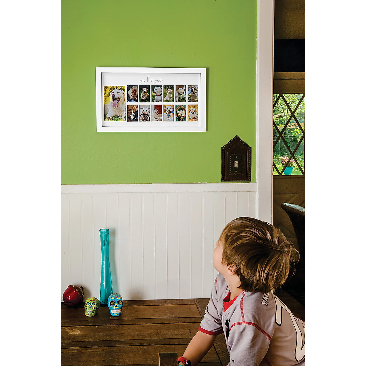 Green Pollywog | My First Year Picture Frame for Dogs | 12 Month Photo Frame | White Wood Frame | Fur Baby Frame | Fur Baby Milestone Picture Display | Dog Keepsake Frame | Dog Birthday Gift