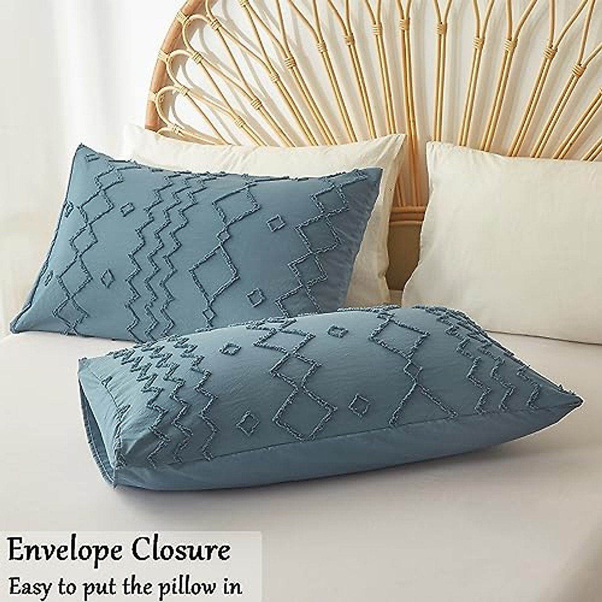 Senville Duvet Cover Queen Size,Blue Tufted Duvet Cover with Jacquard Rhombus Geometric Pattern,3 Pieces Boho Textured Shabby Chic Bedding Set with Zipper Closure for All Season (Denim Blue,Queen)