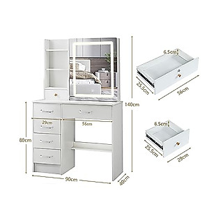 Large Vanity Table Makeup Vanity with LED Lights and Mirror, White Vanity Set Dressing Table with Drawers and Stool, Vanity Dresser Desk for Girls Women