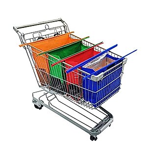Trolley Bags for Shopping Cart-Set of 4 Shopping cart Bags for Groceries with Cooler Bag & Egg/Wine holder.Eco-Friendly 4 Reusable Grocery Cart Bags/Grocery Tote Bag/Cart Daddy(Orange,Green,Red,Blue)