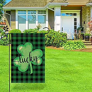 AnyDesign St. Patrick's Day Garden Flag Double-Sided Lucky Shamrock Yard Flag Rustic Green Black Buffalo Plaid Farmhouse Shamrock Outdoor Decoration for Irish Holiday, 12.5 x 18 Inch