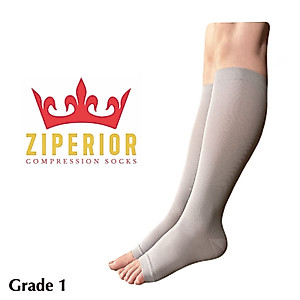 Ziperior Open Toe 15-20 mmHg Compression White Navy Gray Inside Leg Zipper Socks (Gray, Small-Medium)