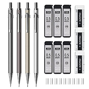 Four Candies 0.5mm Mechanical Pencil Set with Case - 4PCS Metal Mechanical Pencils, 6 Tubes HB #2 Lead Refills, 3PCS 4B Erasers and 9PCS Eraser Refills, Lead Mechanical Pencils for Writing & Drawing