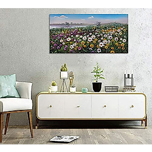Arjun Flowers Canvas Wall Art Landscape Painting, Modern Spring Nature Wildflowers Daisy Floral Picture Artwork Large Framed for Bedroom Living Room Bathroom Home Office Wall Décor, 40"x20" One Panel