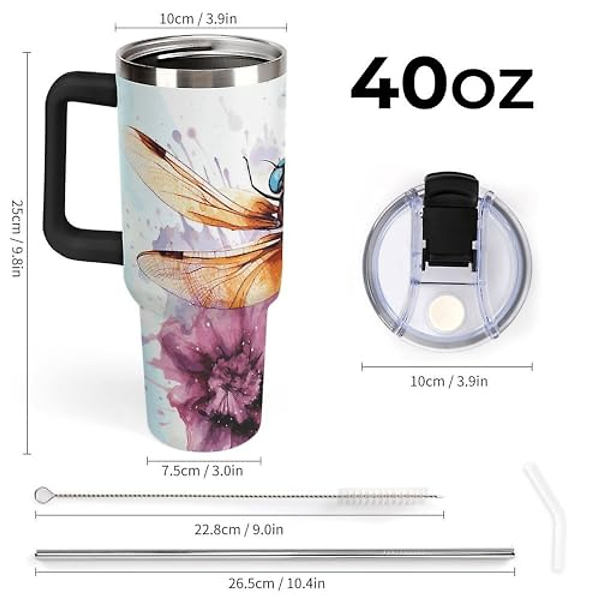 40 Oz Vacuum Tumbler with Black Handle Leakproof Insulated Tumbler Dragonfly Watercolor Painting Stainless Steel Travel Mug with Lid And Straw Coffee Cup Cute Water Bottles Cup Holder Friendly