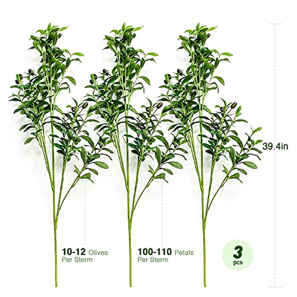 Zen Lyfe 39" Tall Faux Olive Branches 3 Pcs (Total 18 Branches) for Vases Olive Branches with Olives Greenery Stems Plants Home Decor Indoor Outdoor Wedding Decoration