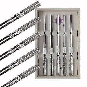 BALWOO Chopsticks [Made in Korea][5 Sets] 430 Premium Stainless Steel Chopsticks, Chopsticks Flatware, Mukbang Kitchen Utensil, Cutlery Silverware Stainless Tableware Metal Chopsticks (Crane)