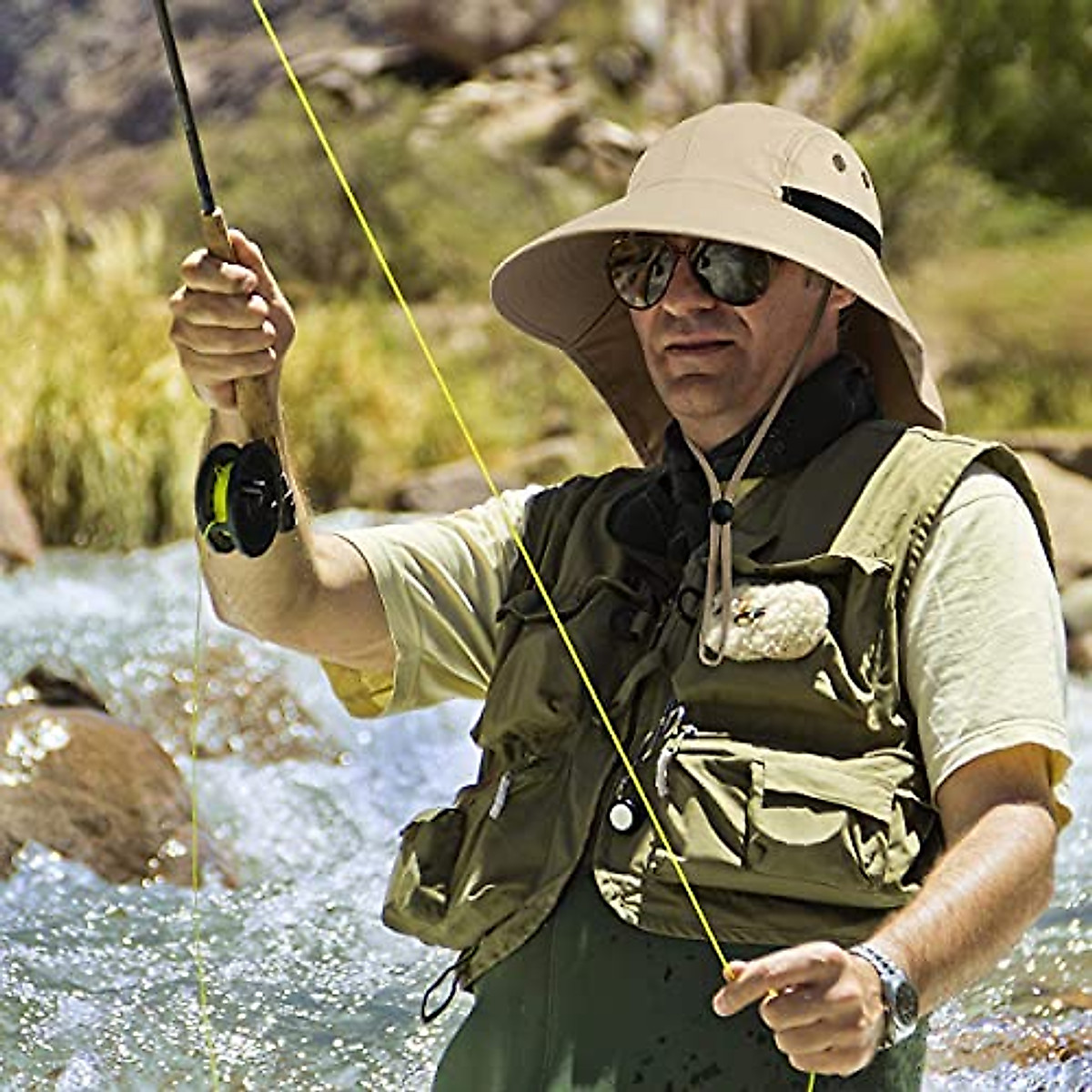 Outdoor Sun Hat for Men with UV Protection Safari Cap Wide Brim Fishing Hat with Neck Flap, for Dad (Army Green)