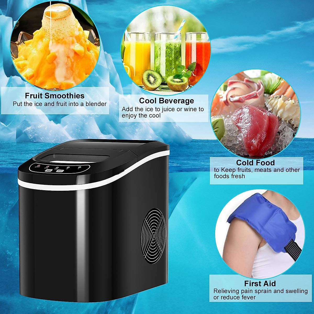 LDAILY Countertop Ice Maker, Make 26 lbs Ice in 24 Hours, Ice Cubes Ready in 6 Mins, High Efficiency Ice Maker with Ice Scoop and Basket, Portable and Compact Ice Machine for Home, Office, Black