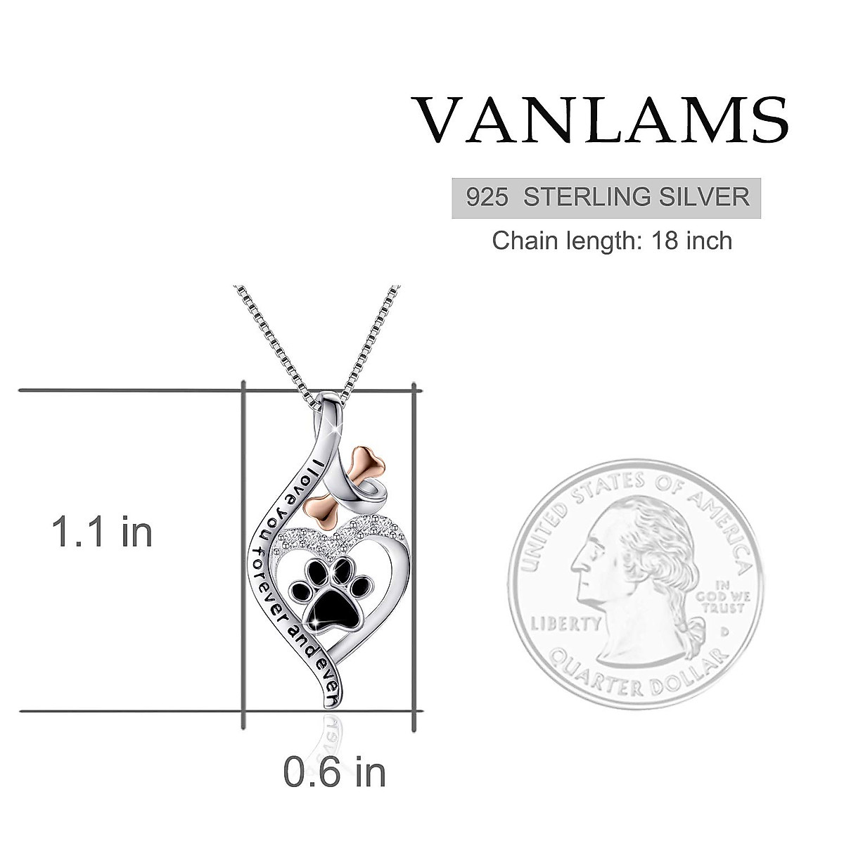 VANLAMS Womens 925 Sterling Silver Bone Love Heart Dog Paw Print Pendant Necklace I Love You Forever and Ever, Gifts for Dog Owner (Silver & Rose Gold)