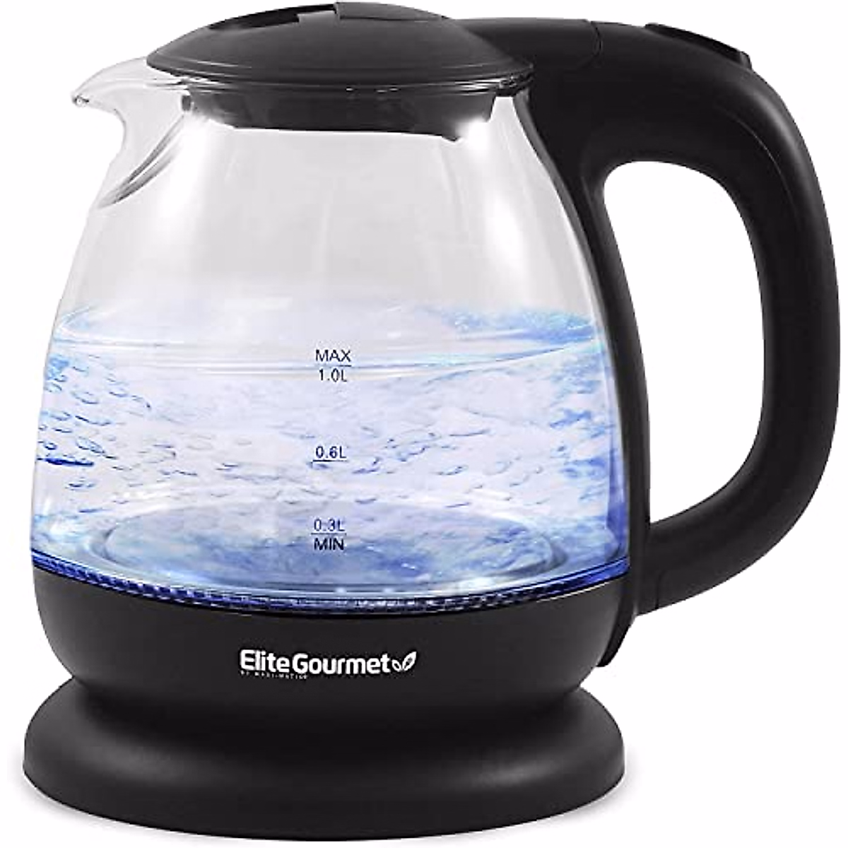 Elite Gourmet EKT1001 Maxi-Matic 1L Glass Electric Tea Kettle Hot Water Heater Boiler BPA-Free with Blue LED Interior Fast Boil and Auto Shut-Off, Black
