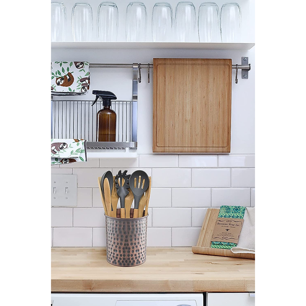 Monarch Abode Kitchen Utensil Holder, Hand Hammered Caddy, Kitchen Organization for Utensils, Crock for Cooking Utensils, Antique Copper Finish, Large, 19677