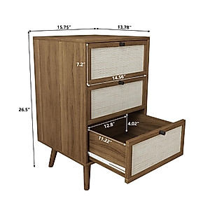 PHOYAL Rattan Nightstand Set of 2, End Table Rattan Bedside Table with Storage 3-Drawer Side Table with 3 Hand Made Rattan Decorated Drawers Wood Accent Table, Walnut 2 Pack